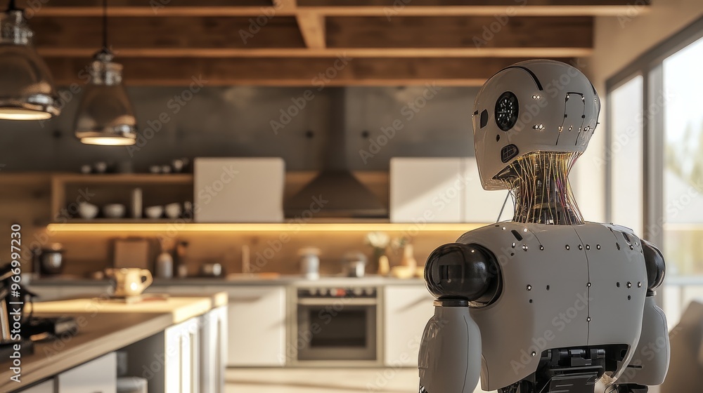 A robot setting up a string art installation in a modern farmhouse ...