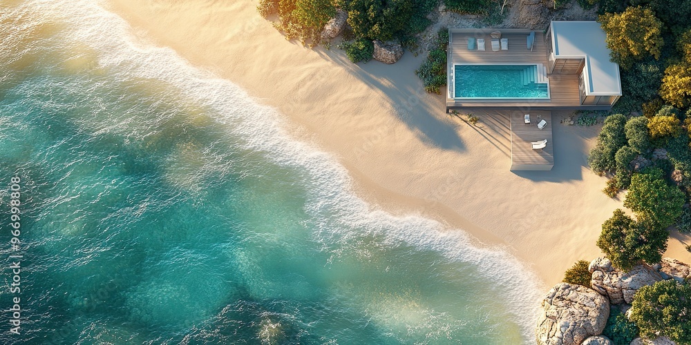 top view modern blue beachside modern house on a pristine beach with ...