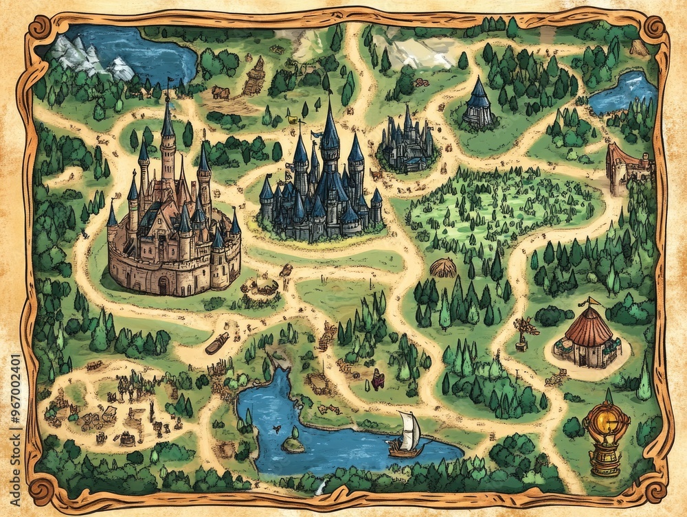 Vintage fantasy inspired 2D cartoon map with a whimsical design Stock ...