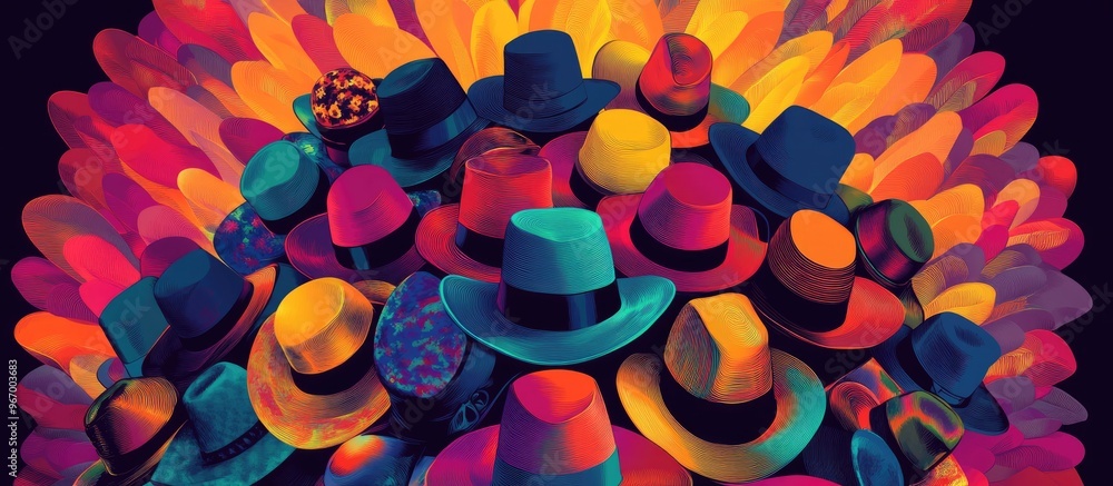 Psychedelic explosion of gentleman hats in a vibrant circular design A ...