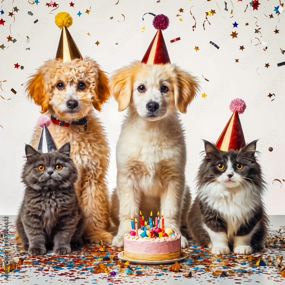Foto de Chats et chiens fêtant un anniversaire sur fond blanc isolé ...