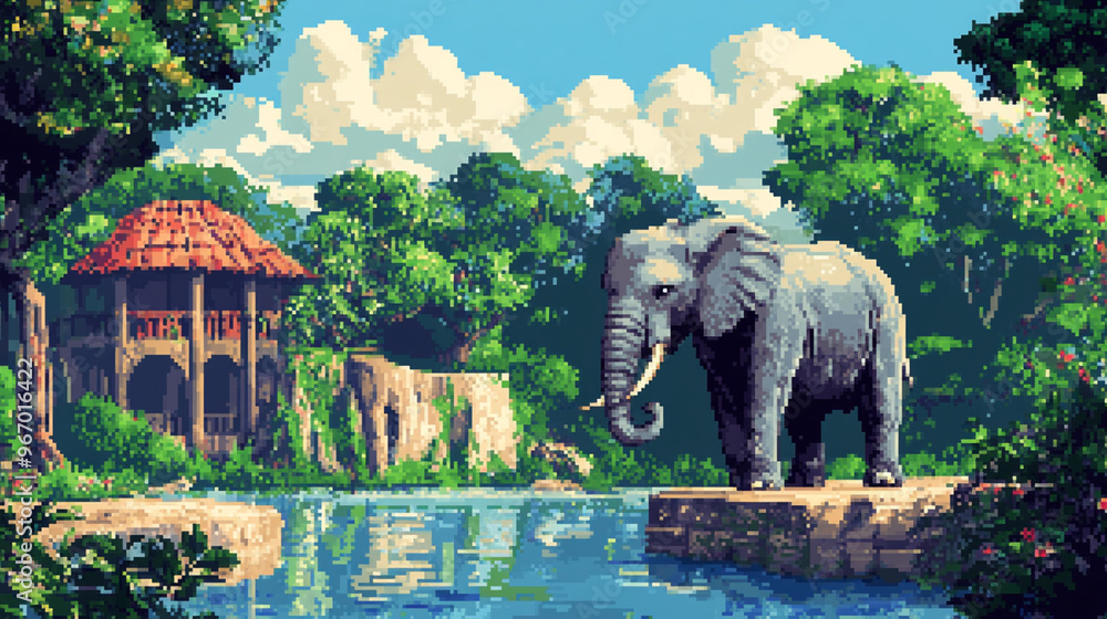 2d pixel art of elephant in zoo, park, blue sky, game art, 16-bit, 32 ...