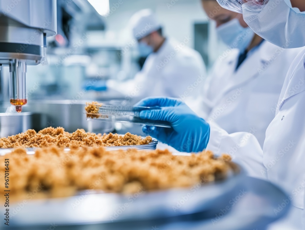 Scientists in a laboratory setting analyze the texture of food samples ...