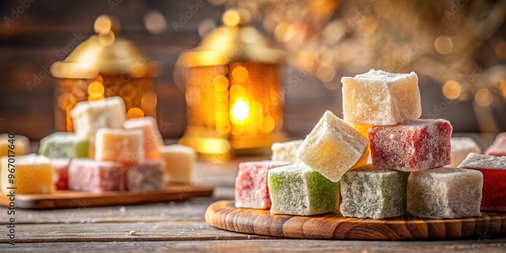 Traditional Turkish delight dessert displayed on a kitchen table from a ...