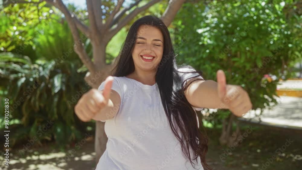 Plus size woman with long black hair smiling and giving thumbs up in an ...