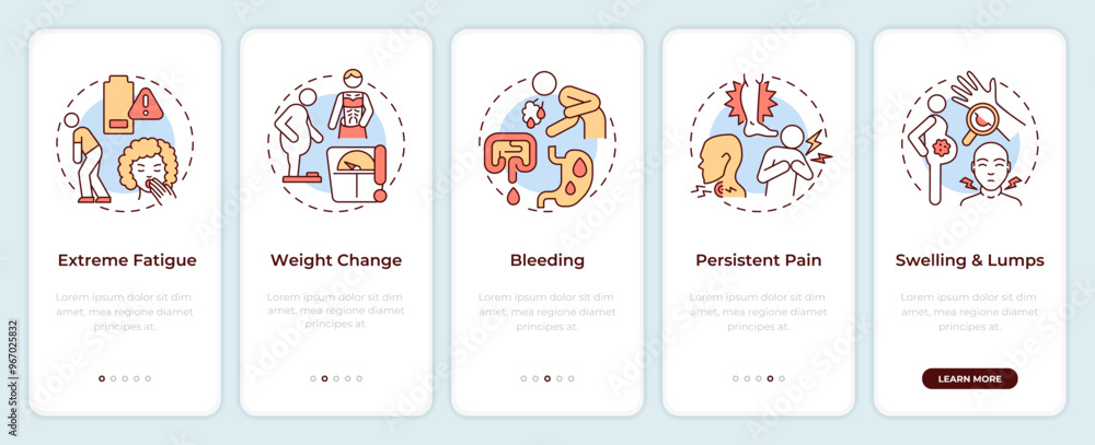 Cancer symptoms onboarding mobile app screen. Oncology walkthrough 5 ...