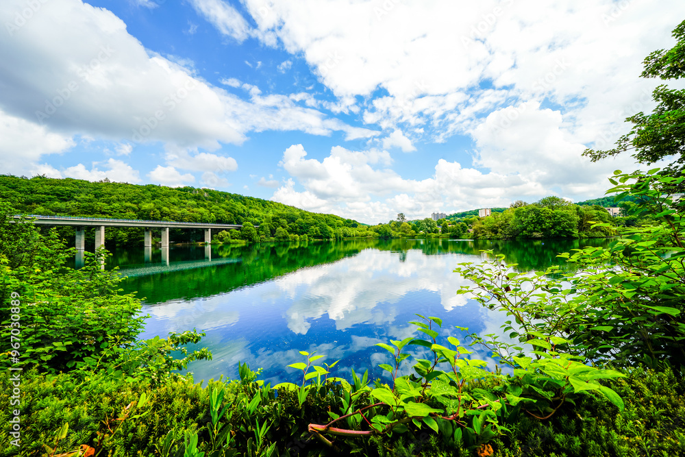 View of nature and the Seilersee near Iserlohn with the A46 bridge ...