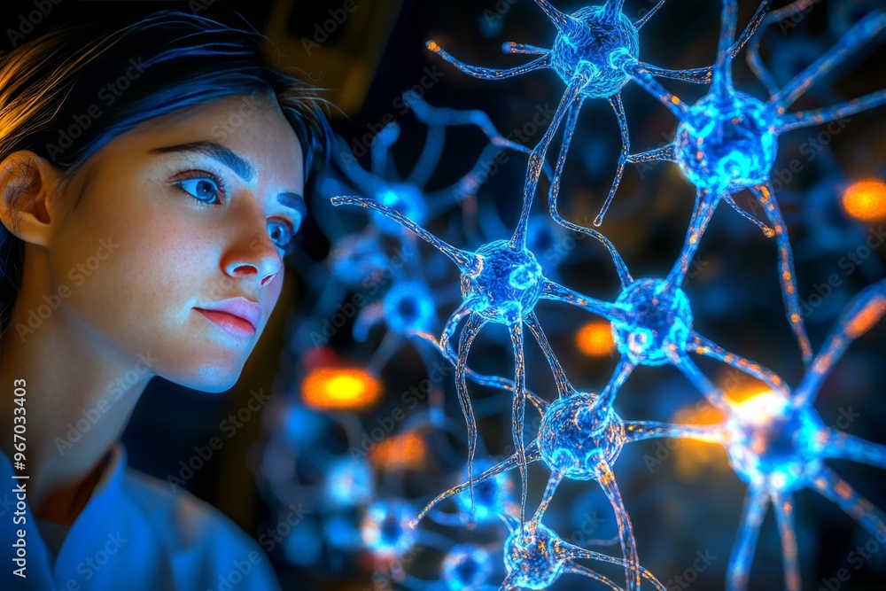 Neural networks neuroimaging and electrochemical signal woman observing ...