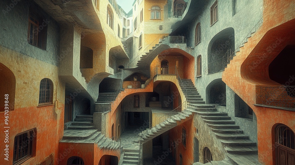 57. A mind-bending architectural scene with twisting buildings and ...