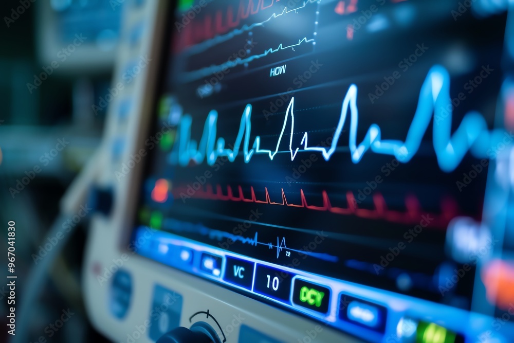 Close-up of a medical heart monitor displaying vital signs and heart ...