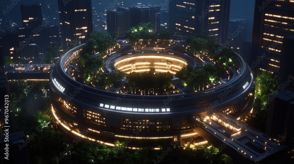 A futuristic circular city is designed around a massive central hub ...
