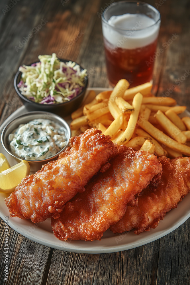 battered fish fillet with fries and lemon slice Stock Photo | Adobe Stock