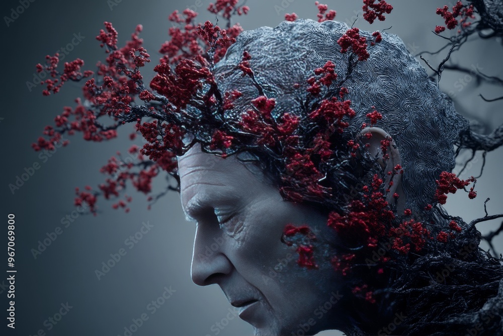 Brain impulse brain disorder and neuron decay abstract human face with ...