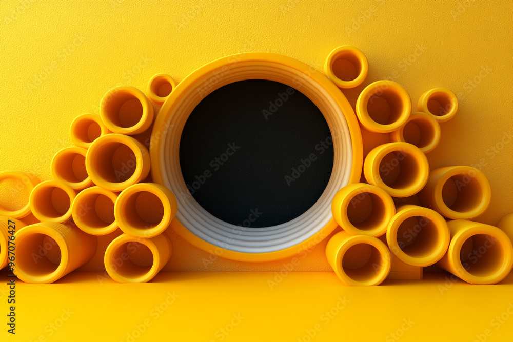 Colorful arrangement of yellow tubes around a circular frame on a ...