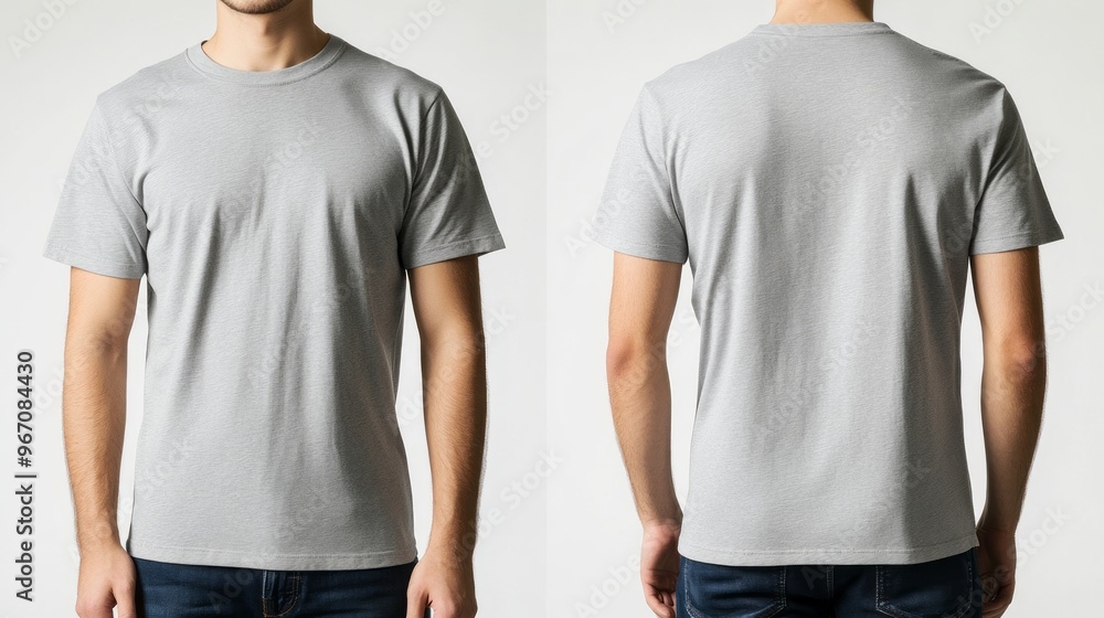 Gray t-shirt mockup on a male model, front and back views. Stock Photo ...
