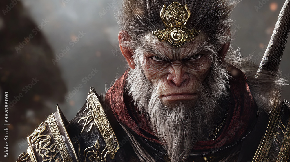 Sun Wukong, dressed in golden armor and spiky hair, is rendered in ...