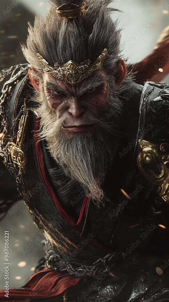 Sun Wukong, dressed in golden armor and spiky hair, is rendered in ...