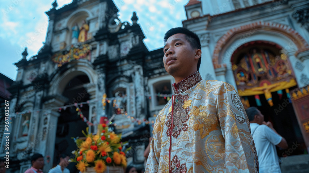 A man wearing a traditional Filipino barong, proudly standing in front ...