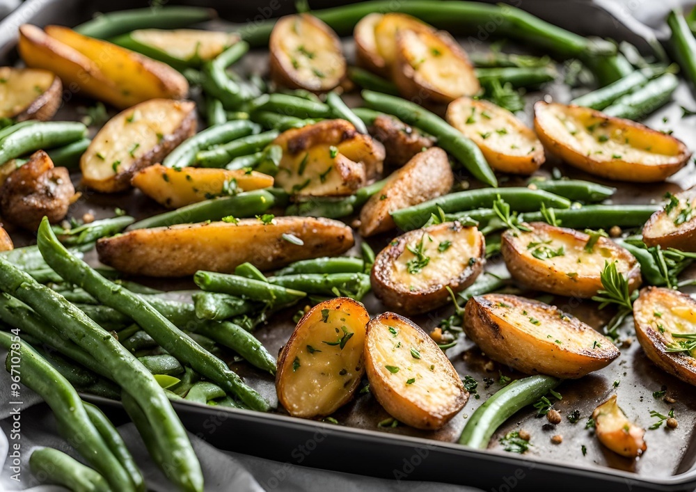 Crispy roasted fingerling potatoes and green beans on a sheet pan ...