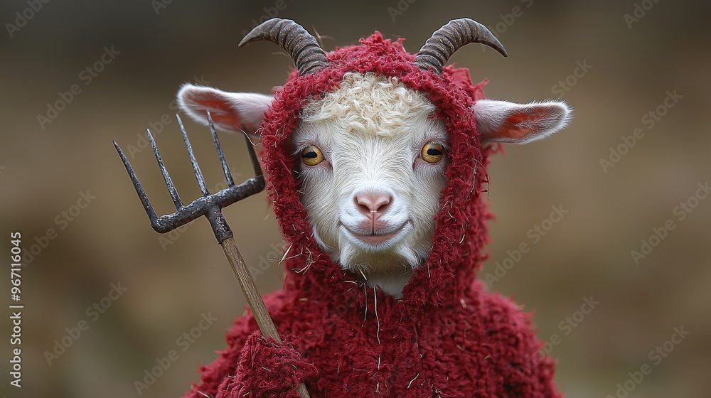 Goat in a devil costume with tiny horns and a pitchfork, [devil goat ...