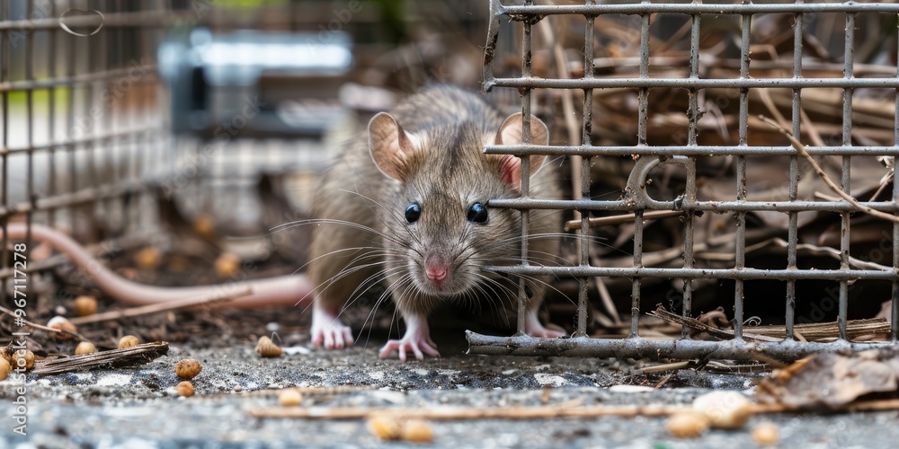 Captured live rat in humane trap near patio deck Galvanized steel wire ...