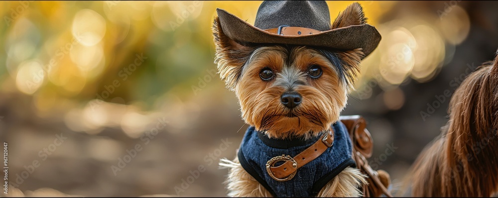 Yorkshire terrier dressed as a cowboy riding a tiny hobby horse ...