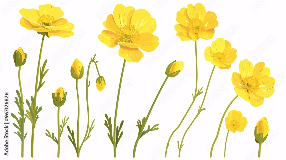 123. Collection of buttercup flower vector illustrations, showcasing ...
