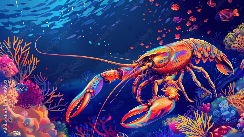 171. Vibrant crayfish character illustrated in a dynamic underwater ...