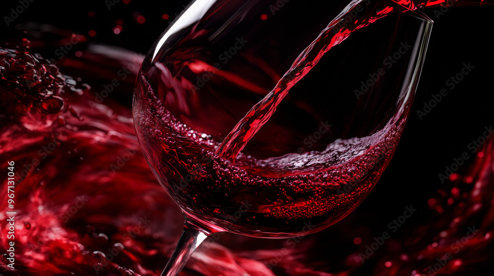 The elegance of a rich red wine is captured as it pours gracefully into ...