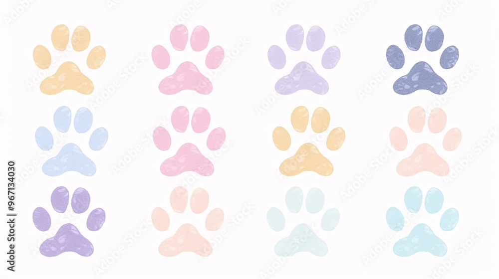 29. A series of pastel-colored vector illustrations of cat and dog paw ...