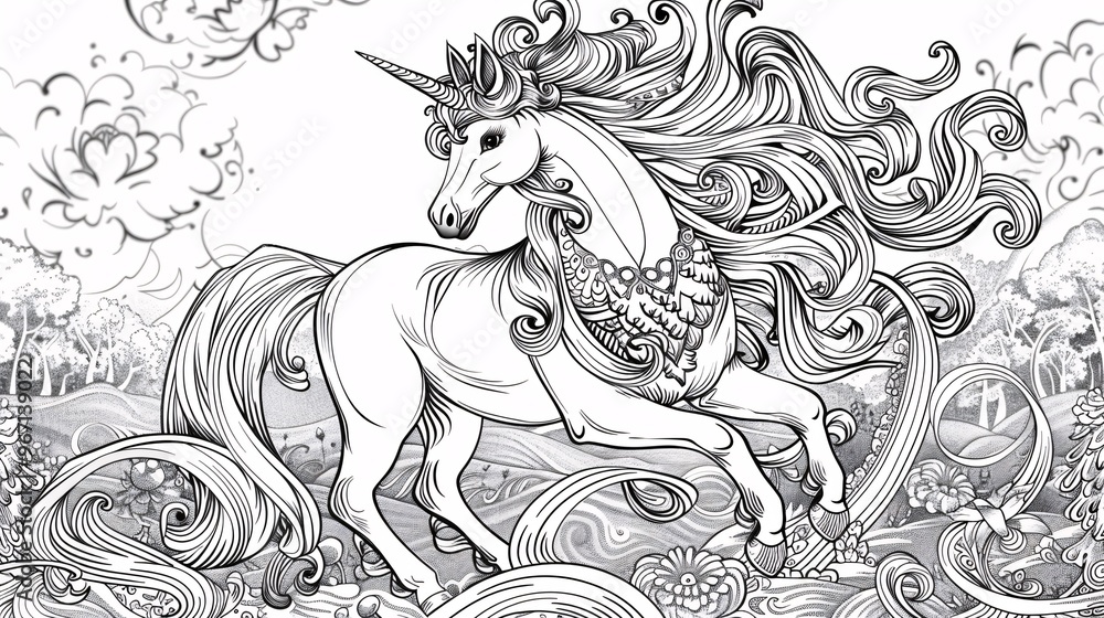 114. A delightful coloring page featuring a magical unicorn ...
