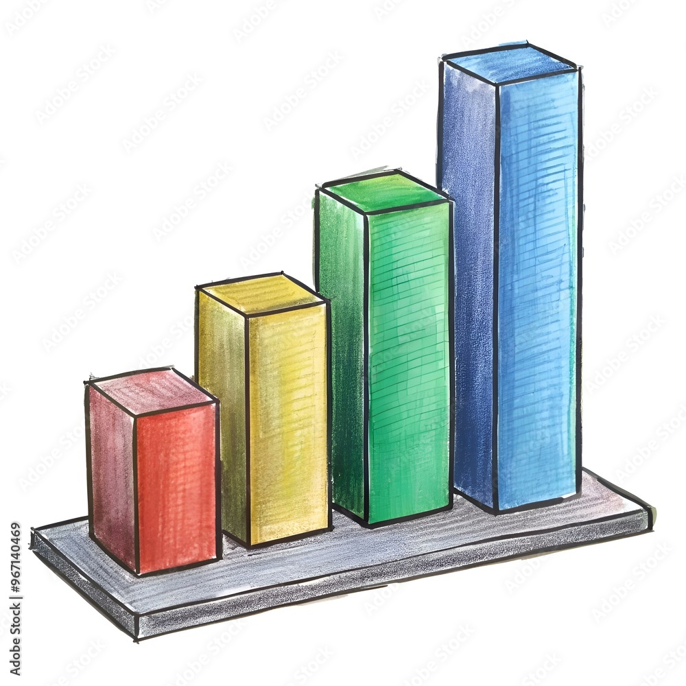 Hand drawn bar chart with four bars in red. yellow. green. and blue ...