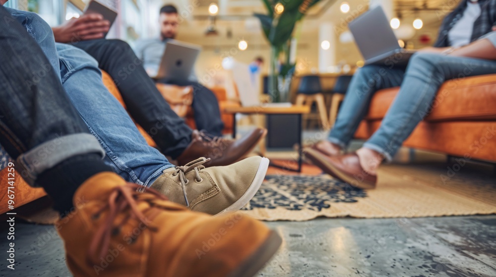 27. Detailed shot of men and women's feet in a waiting room, with ...