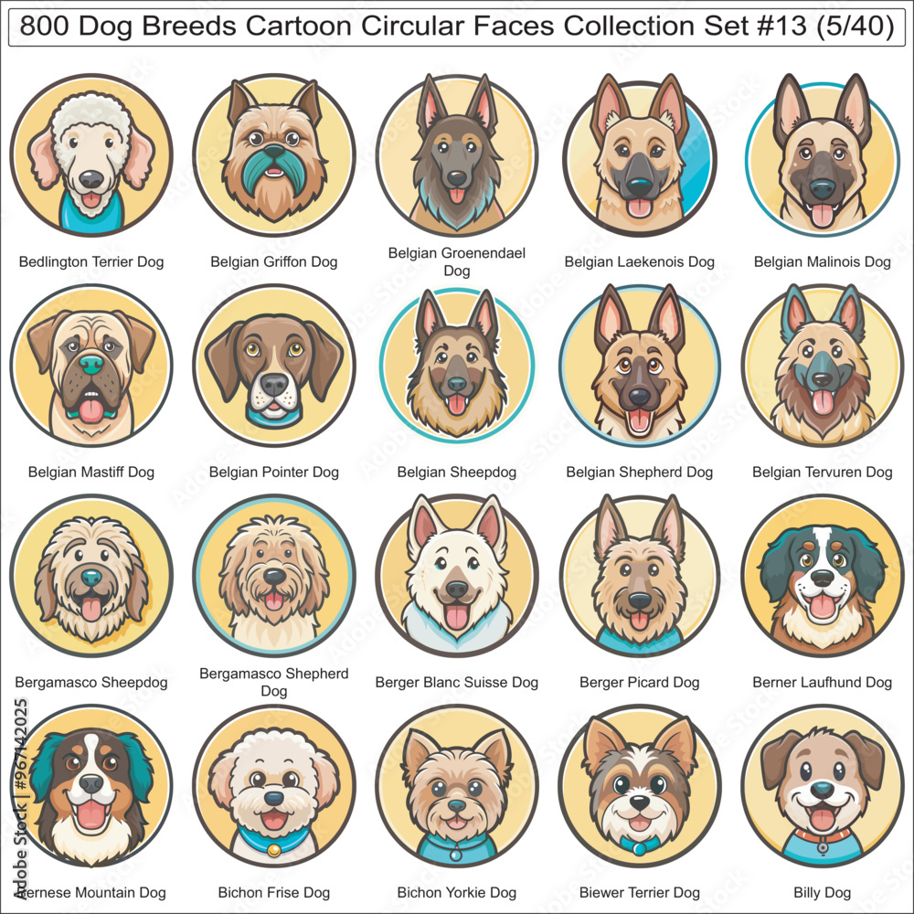 Dog Breeds Cartoon Circular Dog Faces Collection Set of 800 Dog Faces ...