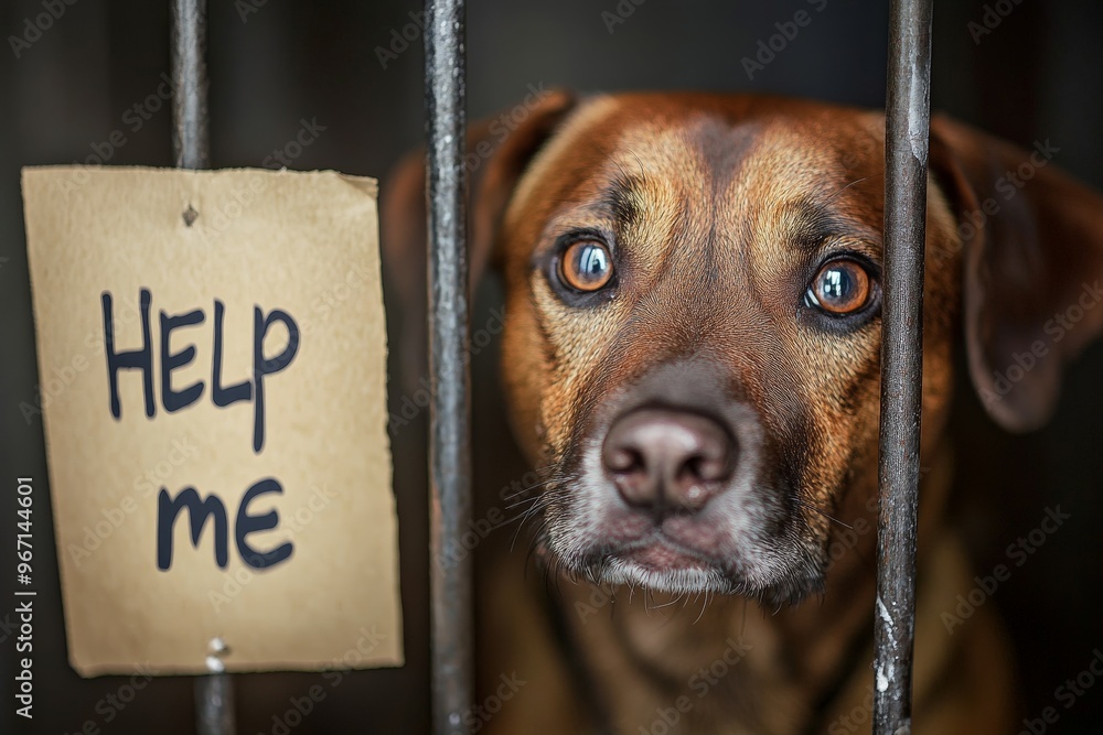 A sad-looking dog behind metal bars in a cage, looking directly at the ...