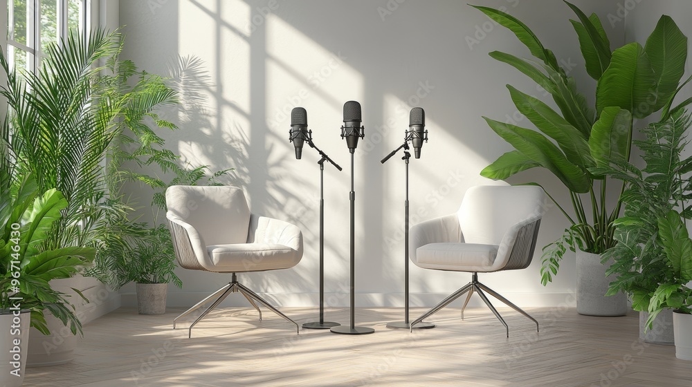 Bright, airy podcast studio with wicker chairs, wireless microphones ...