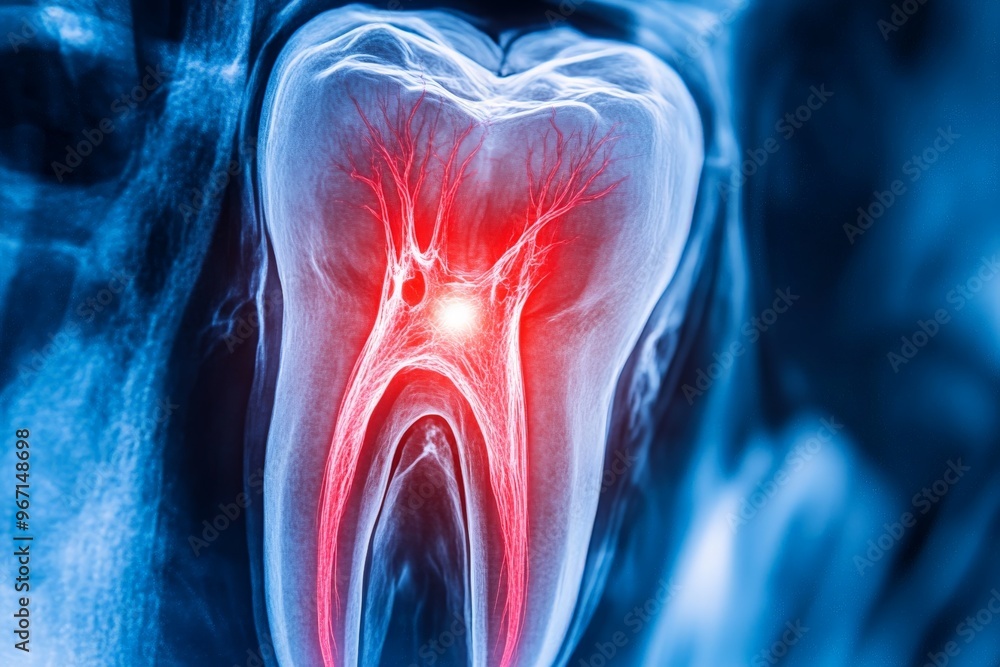 A striking close-up X-ray image of a tooth featuring a vibrant red ...