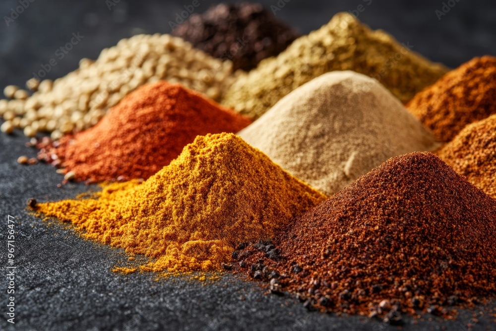 Assorted colorful spice piles of different types arranged on a dark ...
