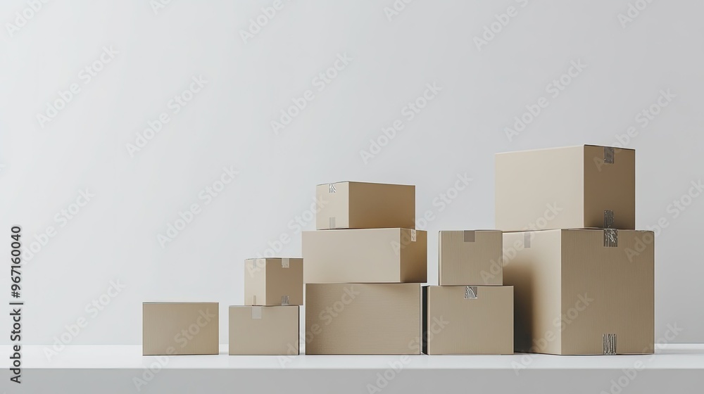 An orderly stack of small, medium, and large cardboard boxes on an ...