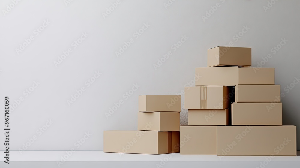 An orderly stack of small, medium, and large cardboard boxes on an ...