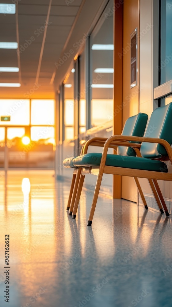 Quiet hospital hallway at night with empty chairs and long shadows ...