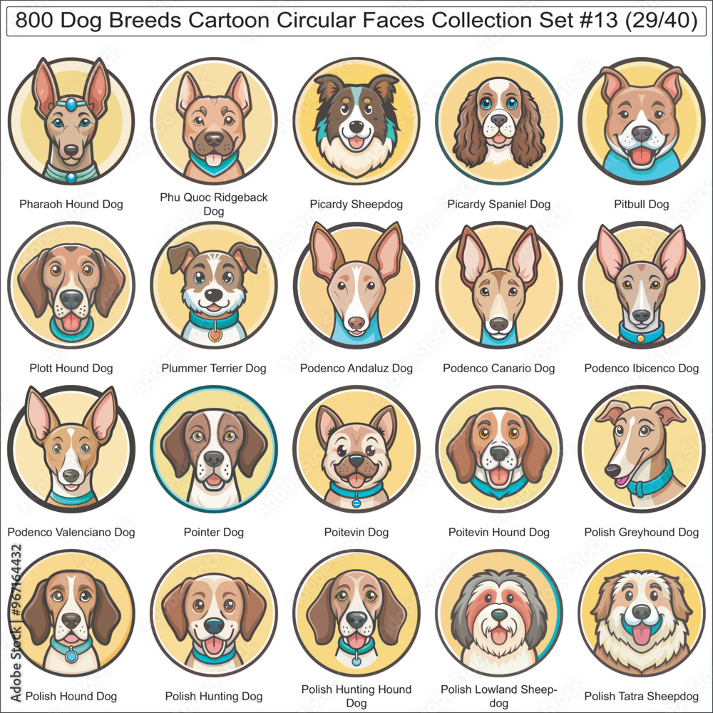 Dog Breeds Cartoon Circular Dog Faces Collection Set of 800 Dog Faces ...