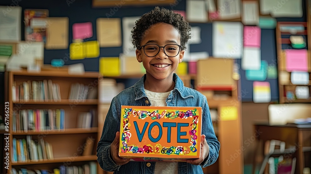 Young Child Holding a Colorful "Vote" Sign in a Classroom Setting ...