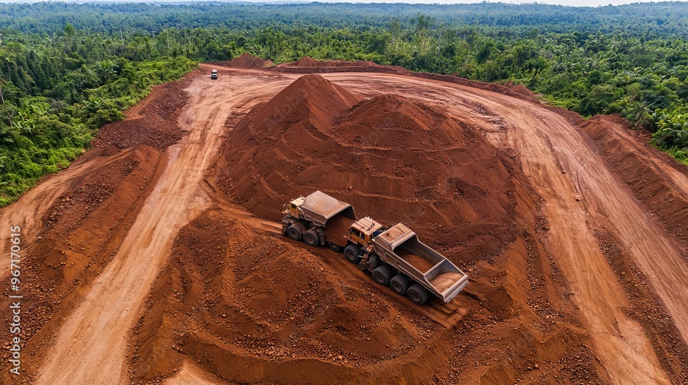 Aerial View of Open-Pit Mining, layered soil, massive mining trucks ...