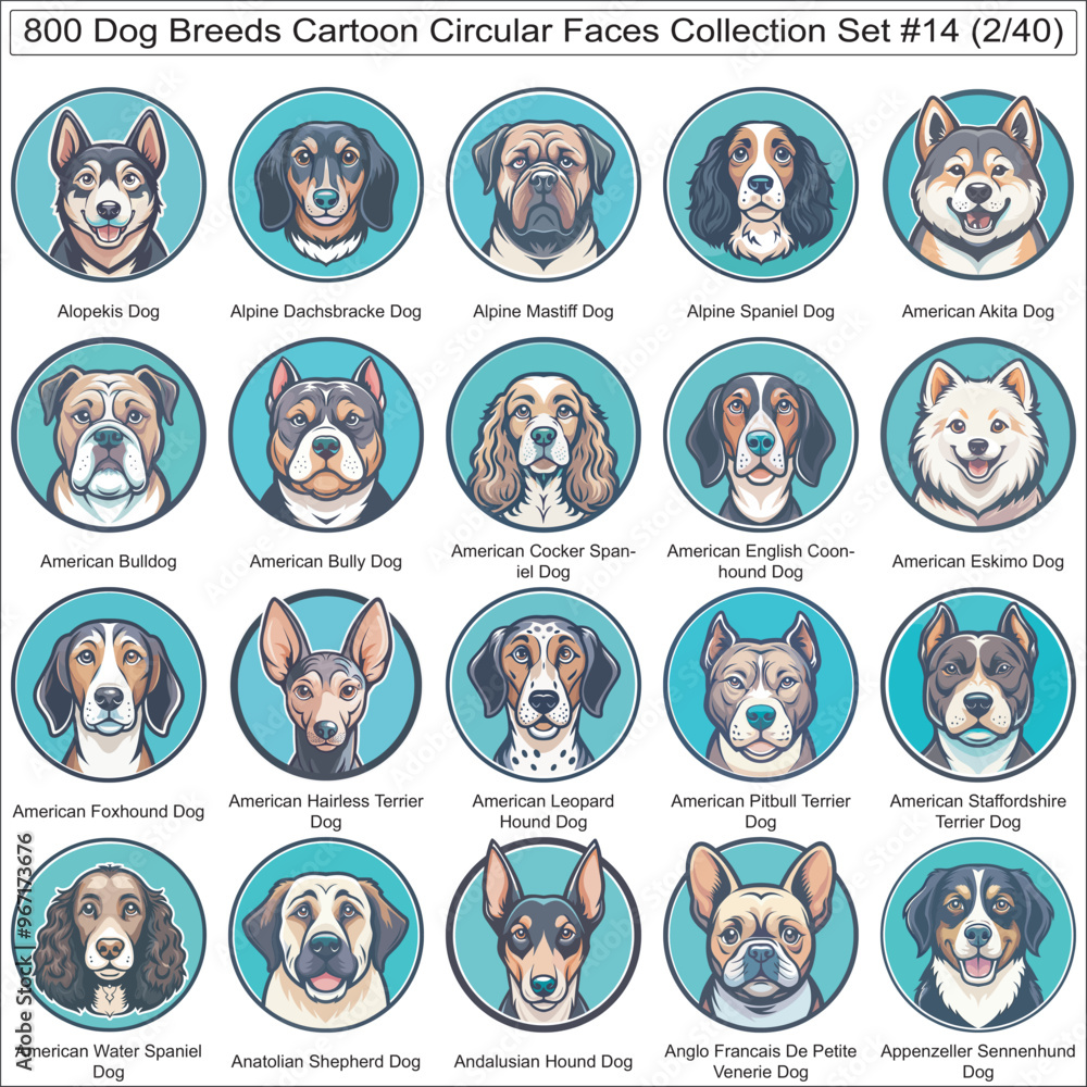 Dog Breeds Cartoon Circular Dog Faces Collection Set of 800 Dog Faces ...