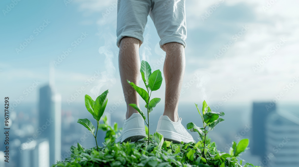 Icon of a customer standing on a rooftop garden in a green city, with ...