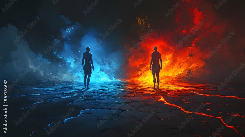 Two human figures, one blue and one red, standing on a cracked, glowing ...
