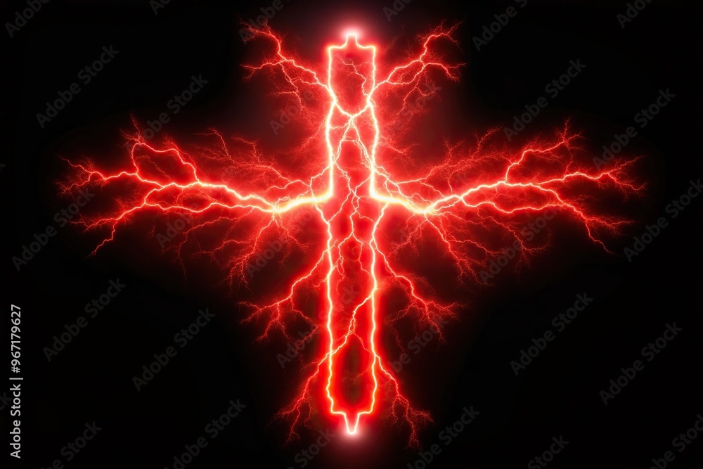 Abstract red lightning bolt crossing over a black background in fisheye ...