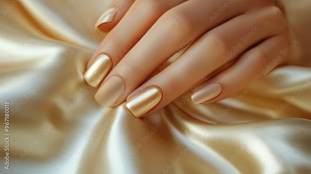 Elegant female hands with golden nail design gently touching a silk ...