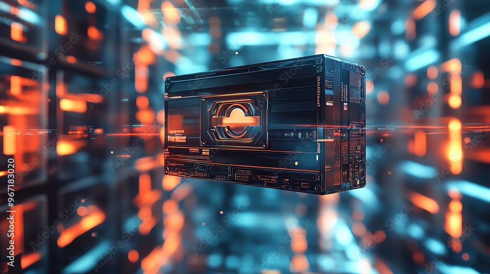 Futuristic digital storage device in a vibrant, glowing environment ...